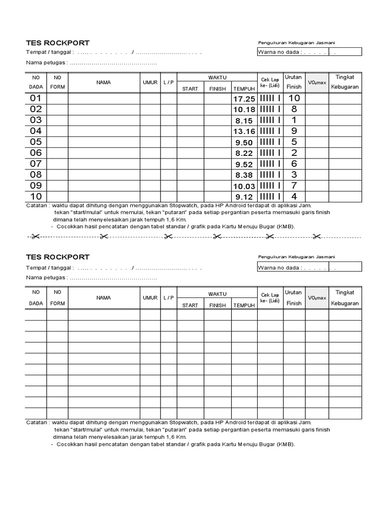 Contoh Pengisian Form Rockport & Tes Jalan 6 Menit 2018 | PDF