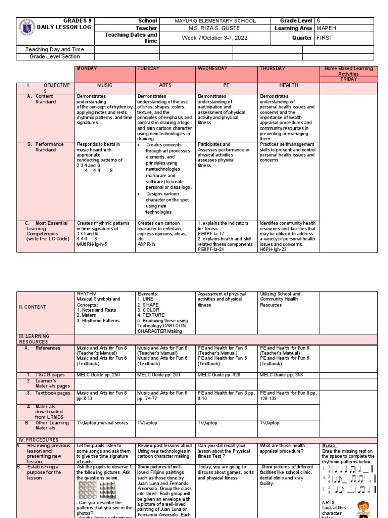 DLL - Mapeh 6 - Q1 - W7 | PDF | Rhythm | Physical Fitness