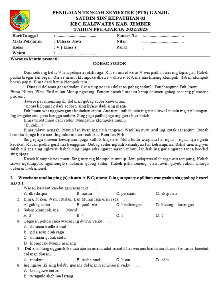 Soal PTS Ganjil 2022-2023 BDR Kepatihan 02 Ok | PDF