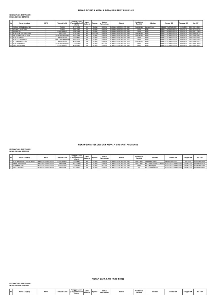 Rekap Biodata Pemimpin Desa Sungai Gerong | PDF