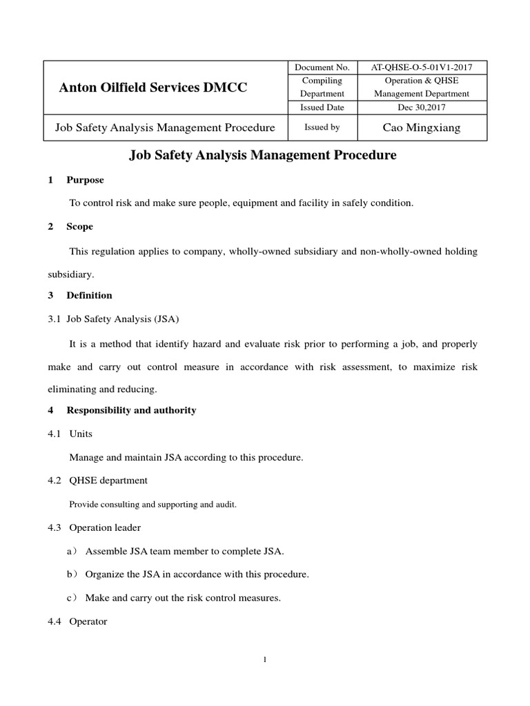 4.job Safety Analysis Management Procedure AT-QHSE-O-5-01V1-2017 | PDF ...