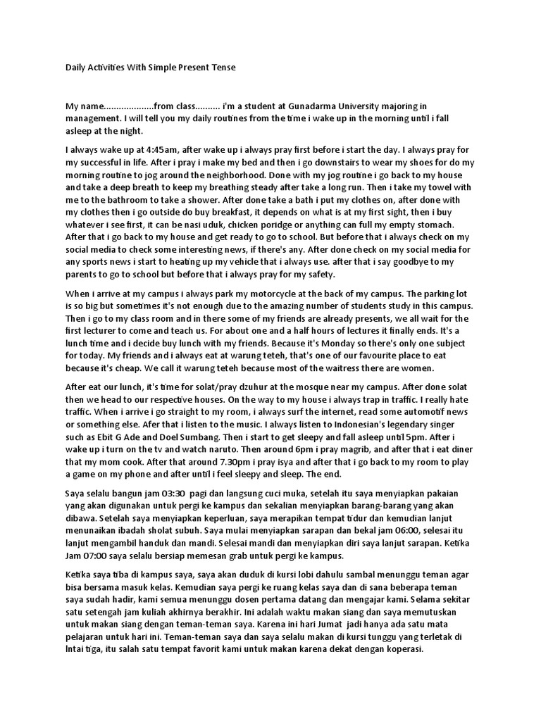 Daily Activities With Simple Present Tense Pdf