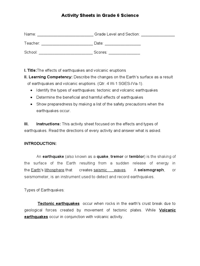 Activity Sheets in Grade 6 Science Earthquakes Volcanic Eruptions | PDF ...