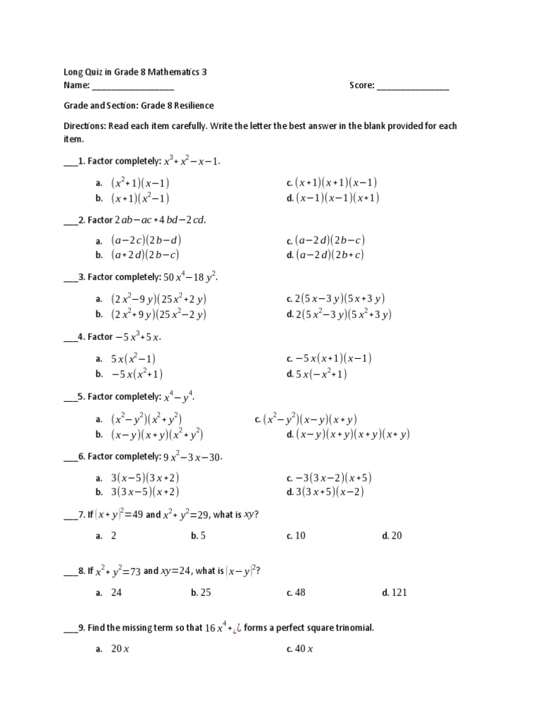 Long Quiz 3 in Grade 8 Mathematics | PDF | Teaching Methods & Materials