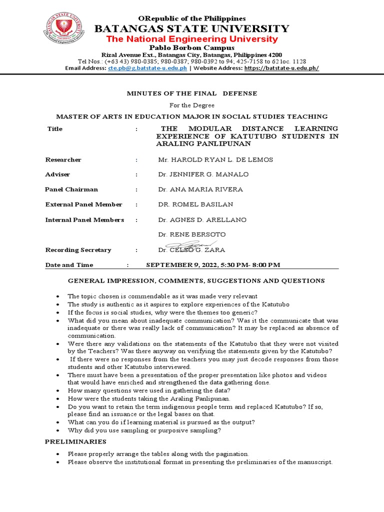 Minutes Final Defense Mr. Harold de Lemos | PDF | Theory | Cognition