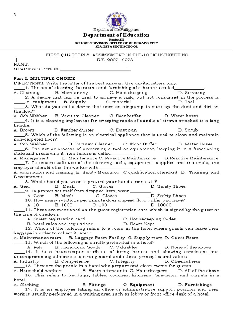Tle10 For Quarterly Examination With Tos And Answer Key Pdf
