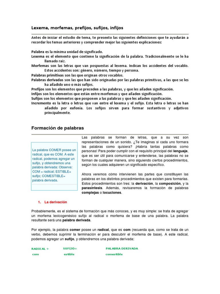 LExemas, Morfemas, Prefijos, Sufijos, Infijos | PDF | Palabra ...
