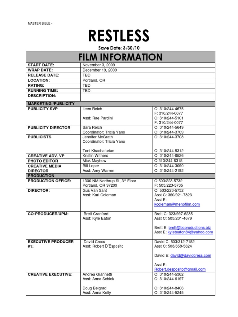 Master Document for the Independent Film 'Restless' Outlining Key Production Details Such as ...