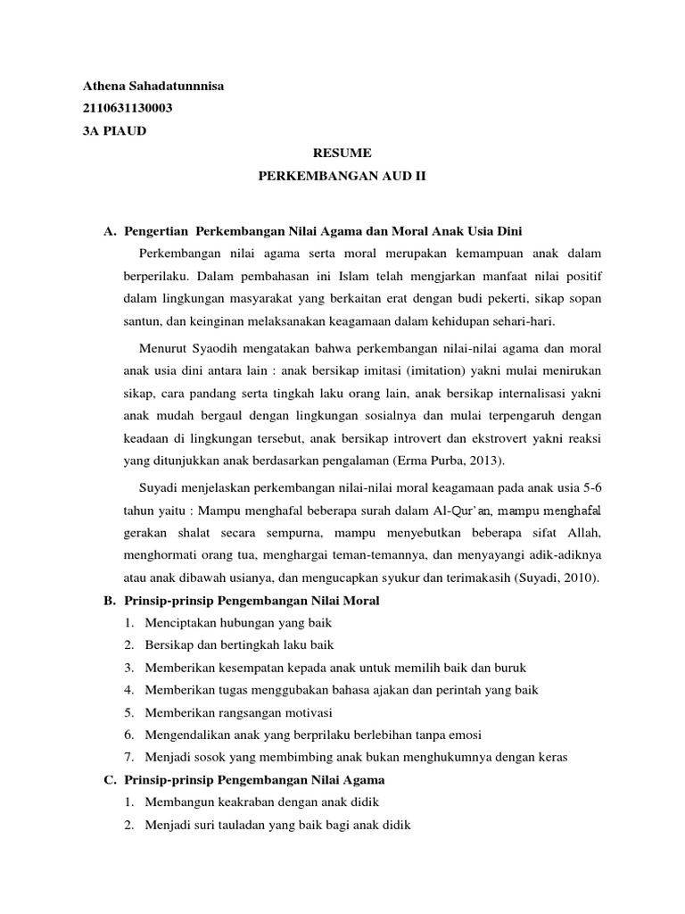 Athena Sahadatunnisa - Tugas Resume Perkembangan AUD II - 3A PIAUD | PDF