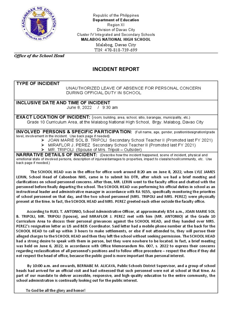Incident Report Form Type of Incident in | PDF