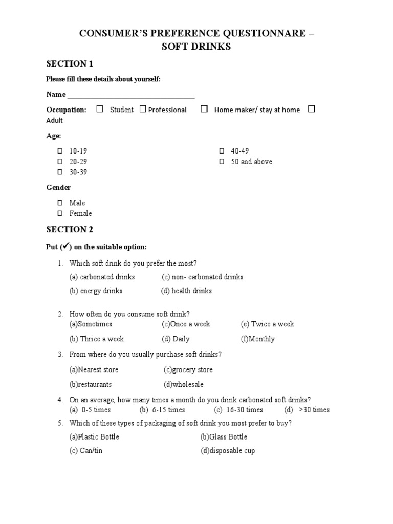 Soft Drinks Questionnare Research | PDF | Soft Drink | Taste