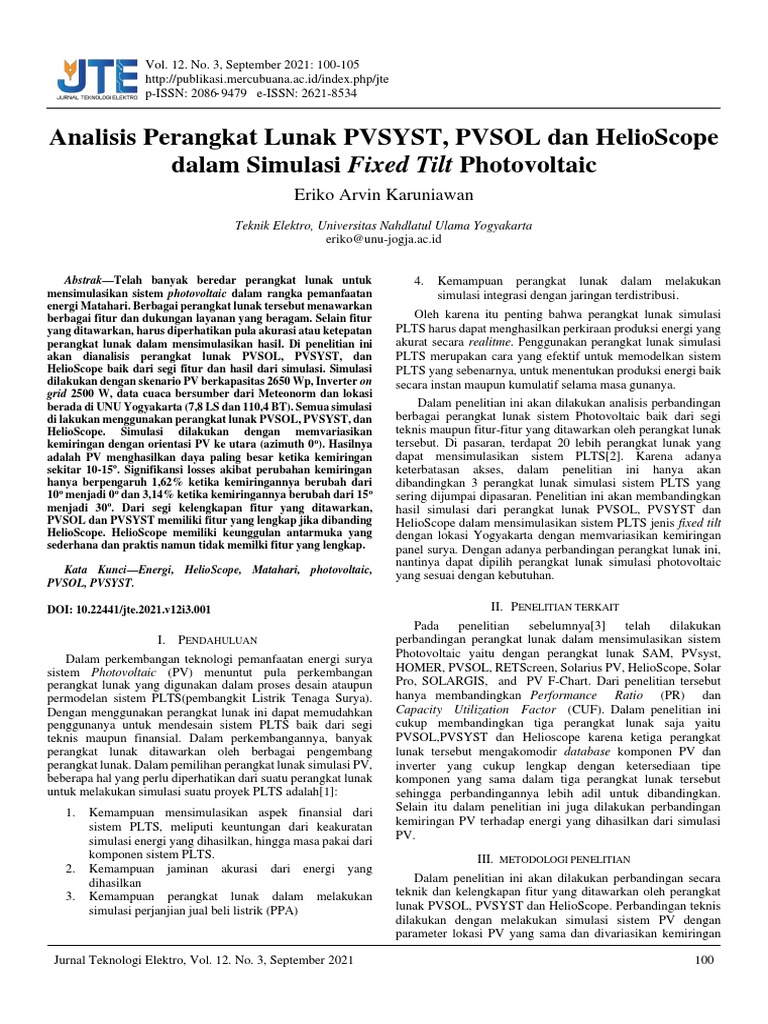 Analisis Perangkat Lunak PVSyst, PVSol, Dan Helioscope Dalam Simulasi Fixed Tilt Photovoltaic ...