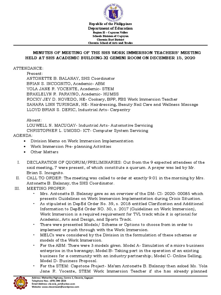 Minutes of Meeting of The SHS Work Immersion Teachers 1 | PDF