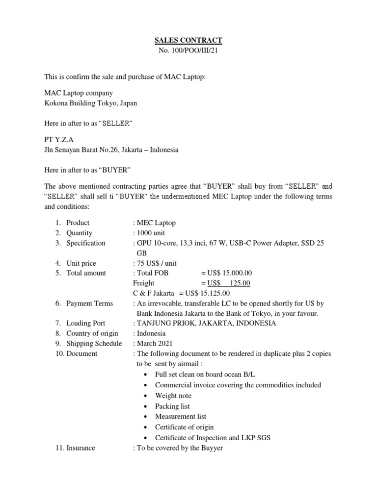 MAC Laptop Sales Contract Japan-Indonesia | PDF
