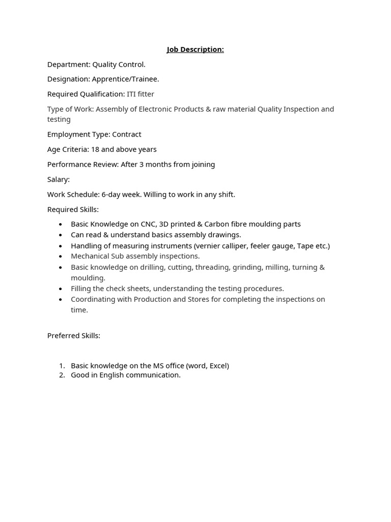Job Description For ITI Freshers - Fitter | PDF