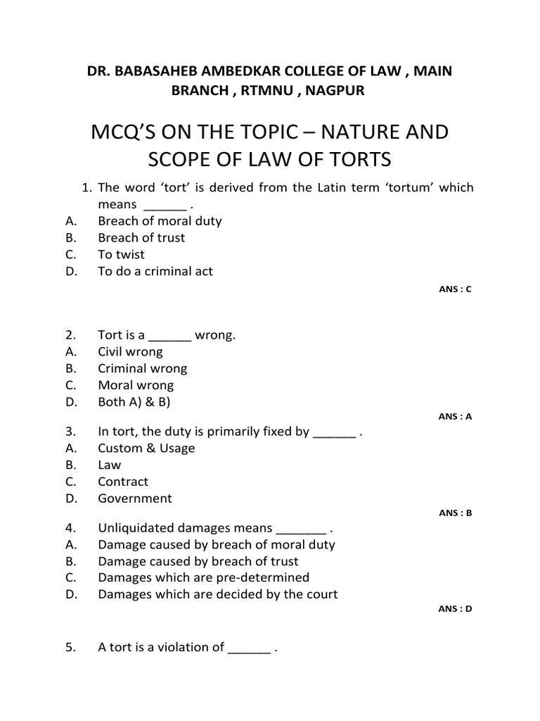 MCQs LoT With Ans | PDF | Tort | Damages