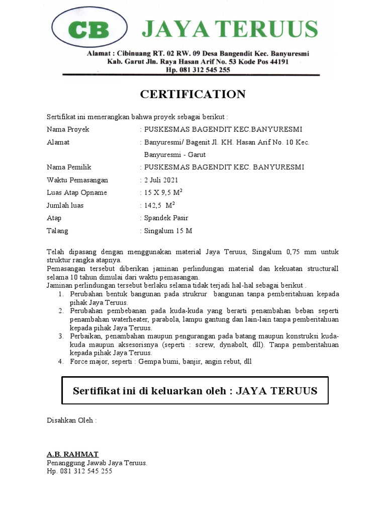 Sertifikat Pemasangan Singalum 0,75 mm | PDF