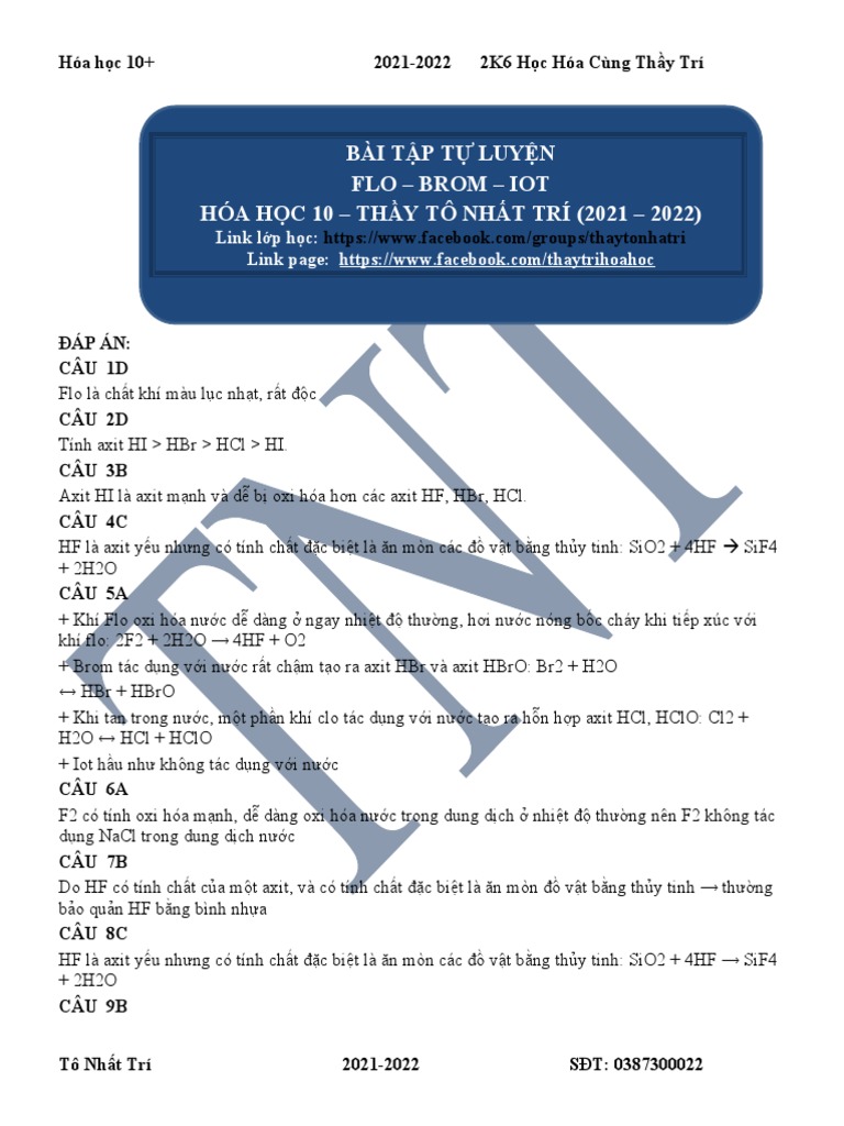 Bài Tập Tự Luyện Flo - Brom - Iot Hóa Học 10 - Thầy Tô Nhất Trí (2021 - 2022) | PDF