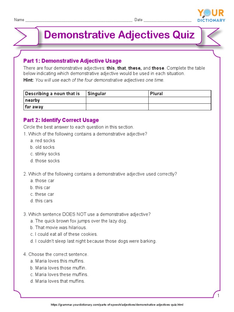 Demonstrative Adjectives Quiz | PDF