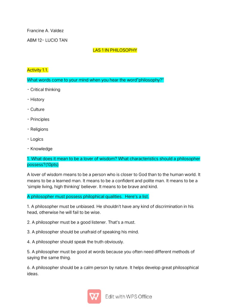 Quarter 1 Las 1 Philosophy Grade 12 | PDF | Wisdom | Thought