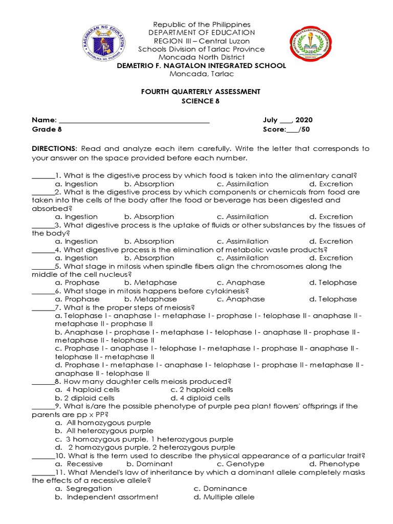 Quarter-4-Exam SCIENCE 8 | PDF | Meiosis | Zygosity