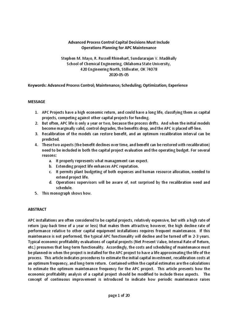 Advanced Process Control - Sustaining Benefits and Costs | PDF ...