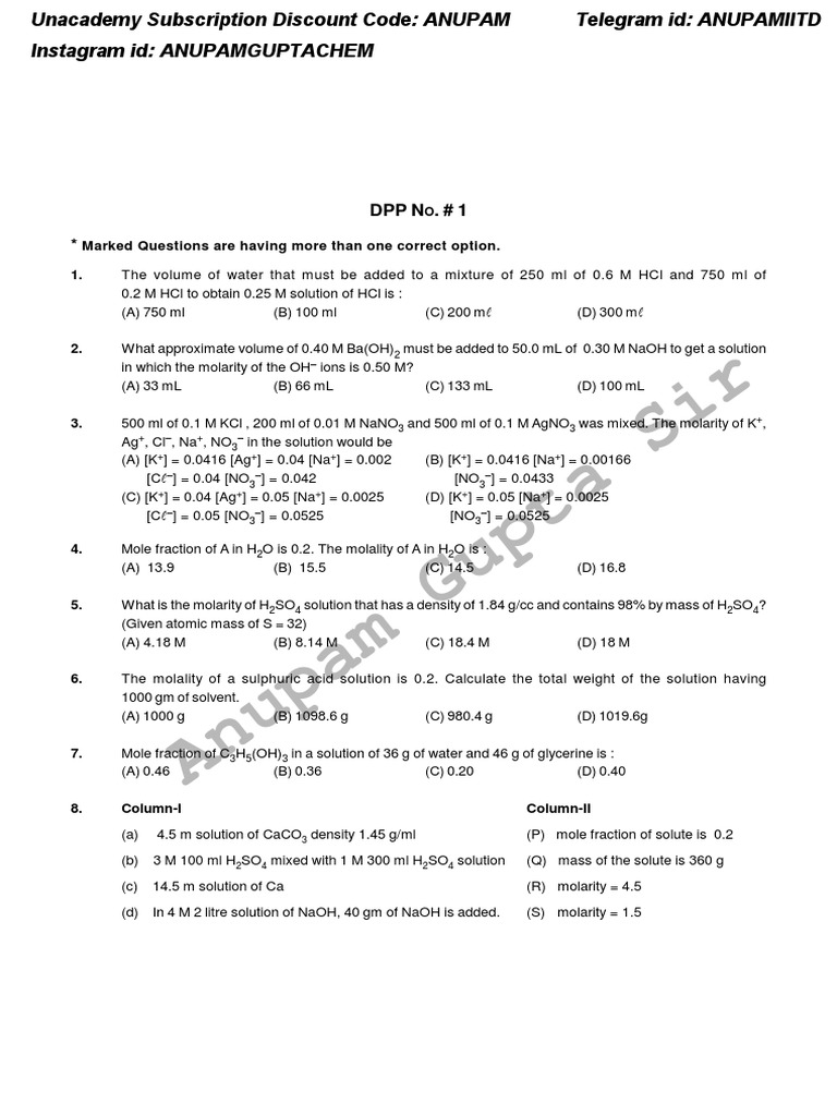 DPP - 01 - Liquid Solution - AG Sir | PDF | Solvation | Distillation
