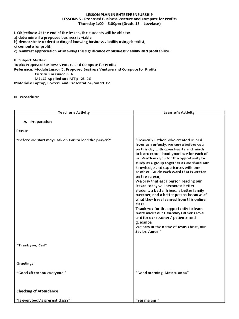 LESSON PLAN IN ENTREPRENEURSHIP Lesson 5 | PDF | Investing | Debt