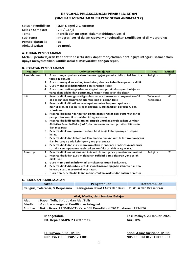 RPP Ips SMP Kelas 8 8211 Konflik Dan Integrasi Sosial | PDF