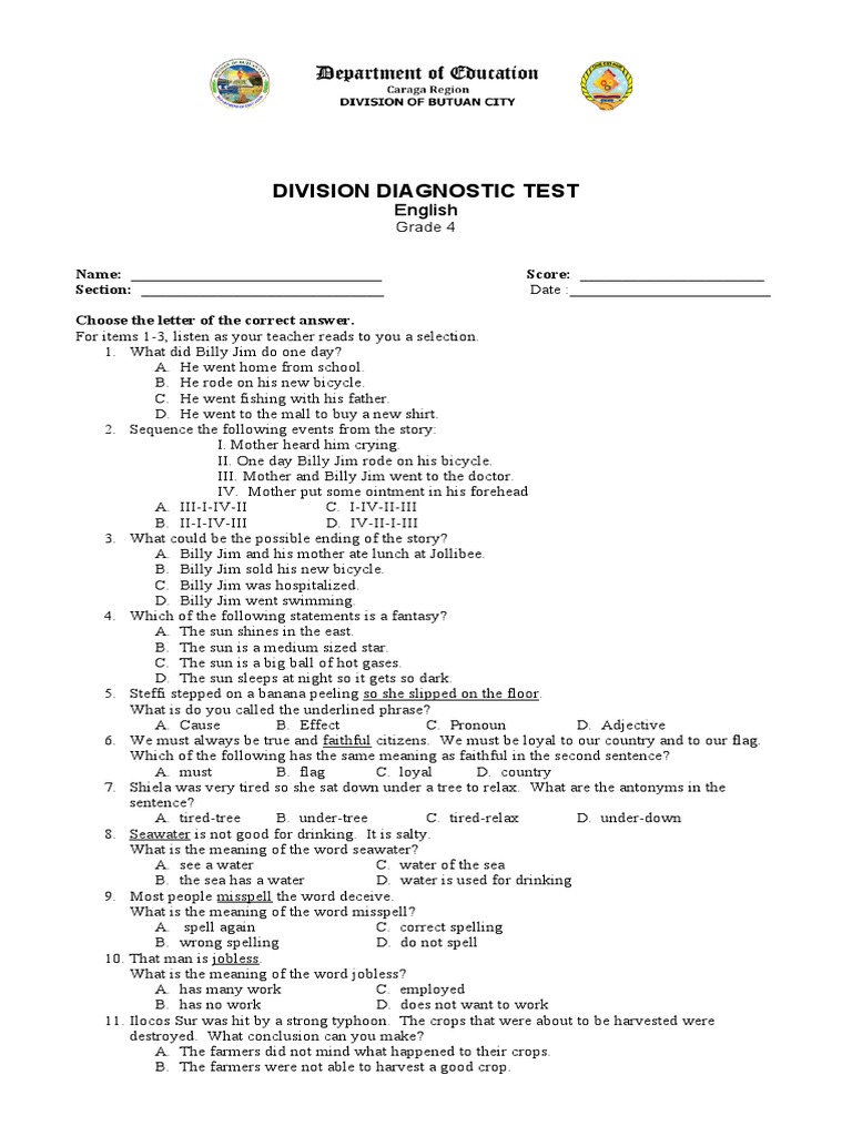 Diagnostic Test English 4 | PDF | Predicate (Grammar) | Verb