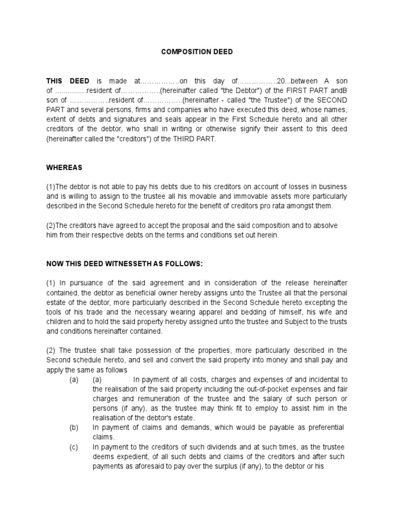 Composition Deed | PDF | Debtor | Bankruptcy