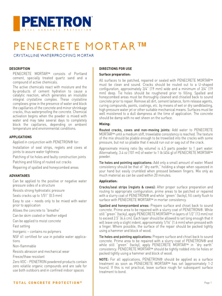 Penecrete Mortar Data Sheet | PDF | Concrete | Water