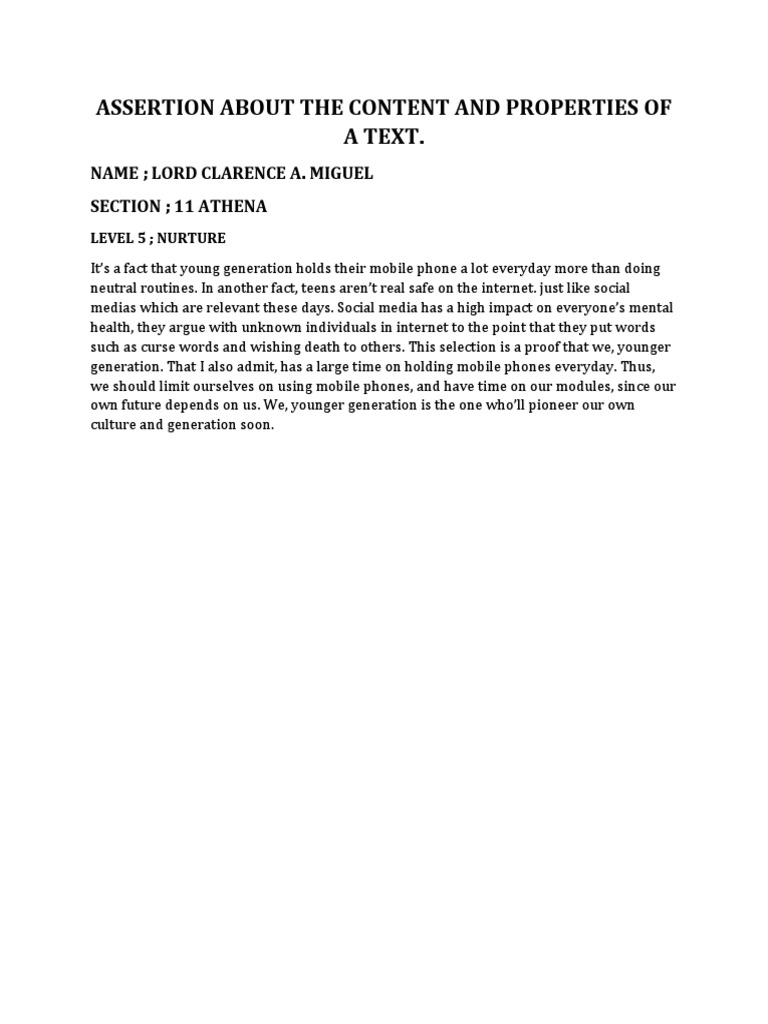 ASSERTION ABOUT The CONTENT and PROPERTIES of A TEXT - Reading and Writing Assertion About The ...