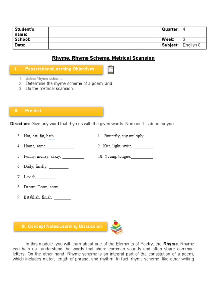Rhyme, Rhyme Scheme, and Metrical Scansion | PDF | Poetry | Rhyme