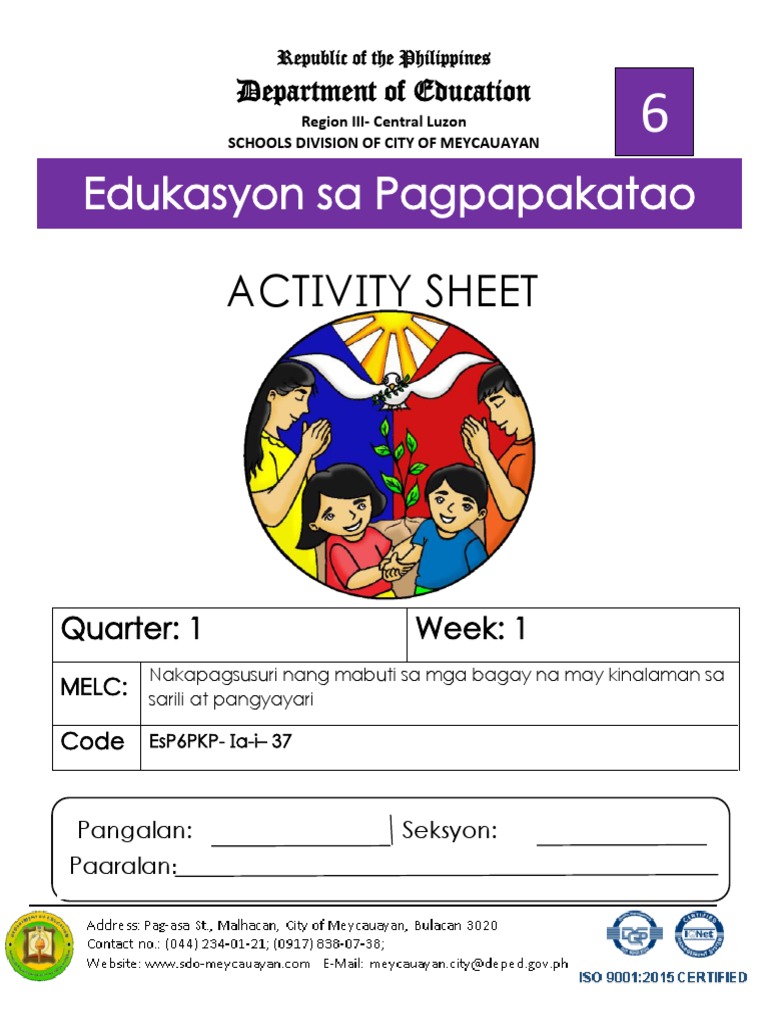 ESP-6-Activity Sheets-Q1-W1-Leah Ponce - Bahay Pare Checked | PDF