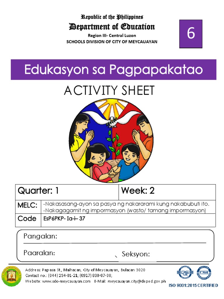 ESP-6-Activity Sheets-Q1-W2-Leah Ponce - Bahay Pare Checked | PDF