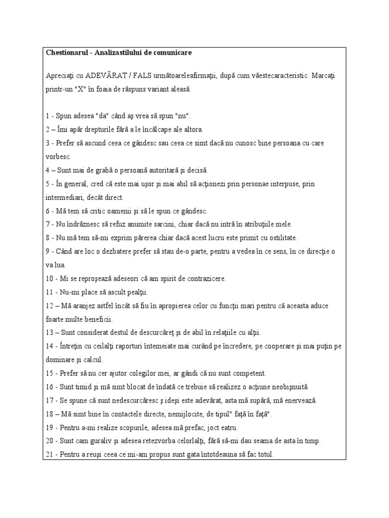 Chestionarul - Analiza Stilului de ComunicareNadoluLiliana | PDF