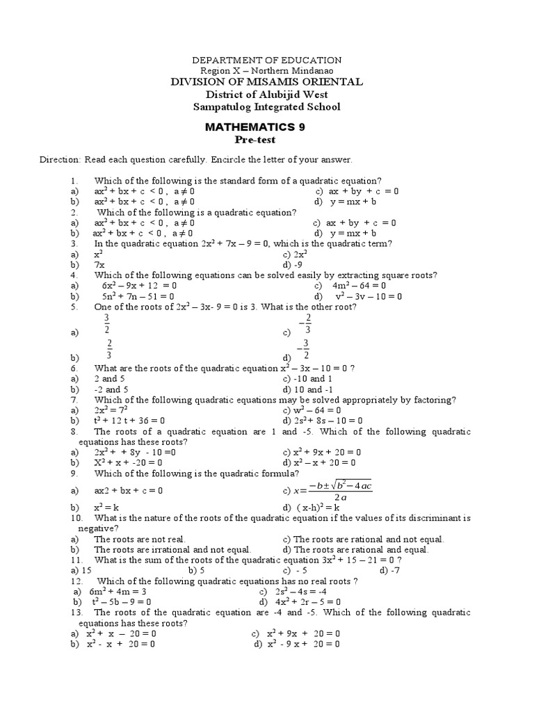 Mathematics 9 | PDF | Quadratic Equation | Mathematics