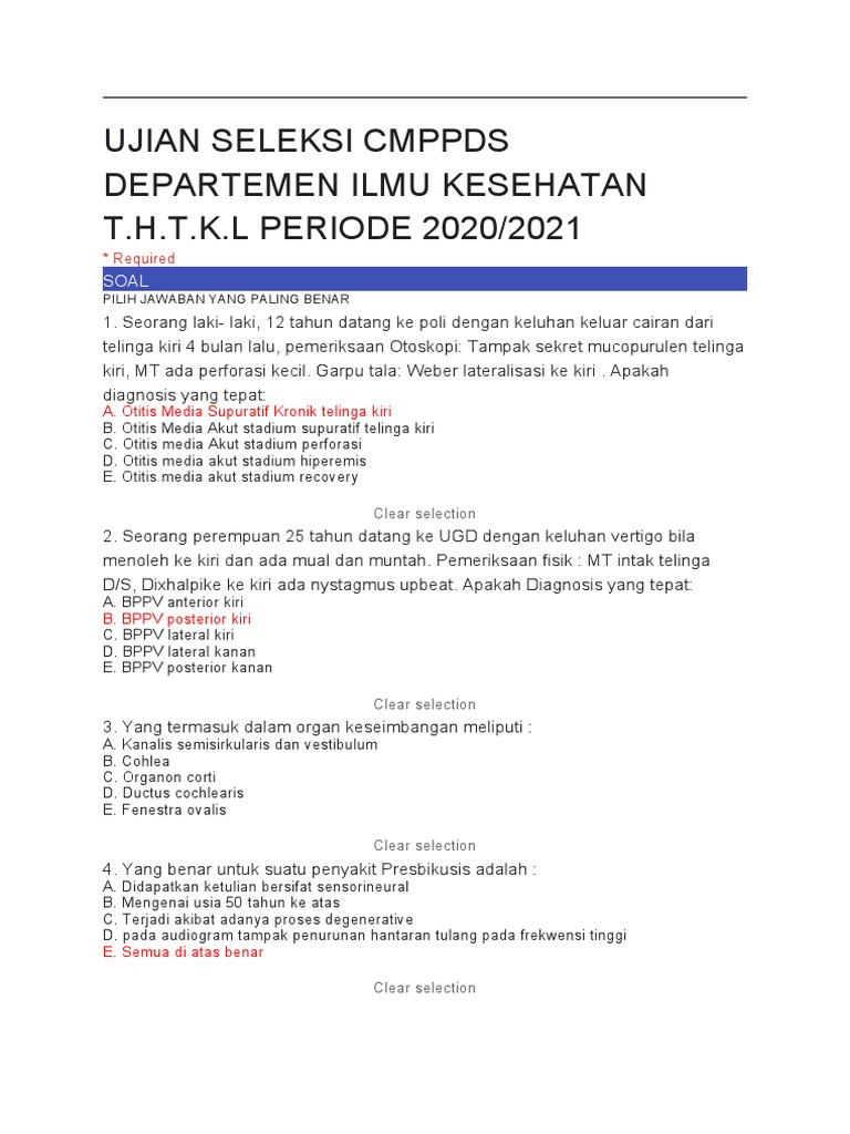 Ujian Seleksi CMPPDS Departemen Ilmu Kesehatan THT Januari 2021 | PDF | Sains & Matematika