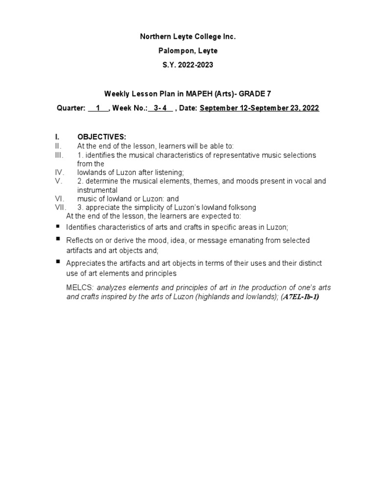 Arts 7 Lesson Plan Pdf The Arts Aesthetics