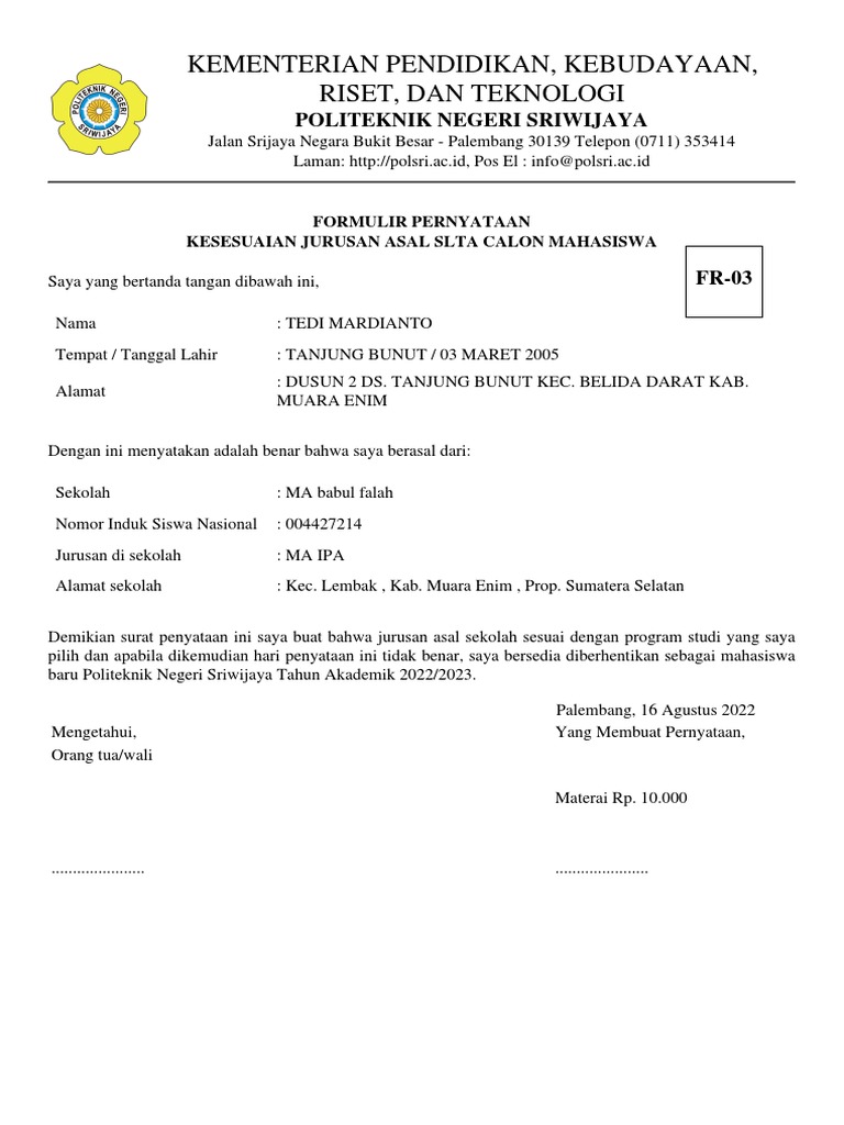 Formulir Polsri | PDF