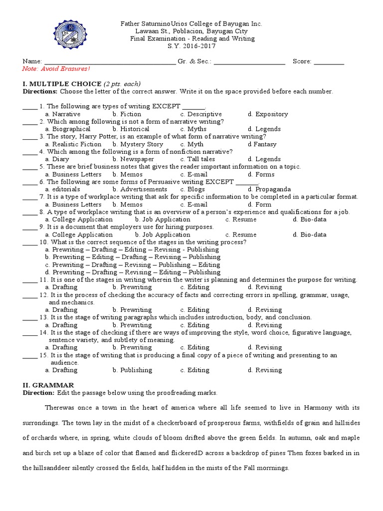 FINAL EXAM - Reading and Writing | PDF | Narrative | Editing