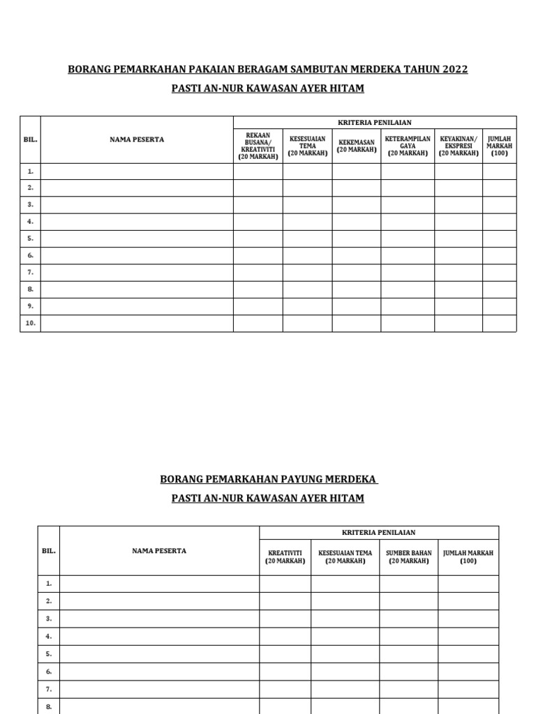 Borang Pemarkahan Pakaian Beragam Sambutan Merdeka | PDF