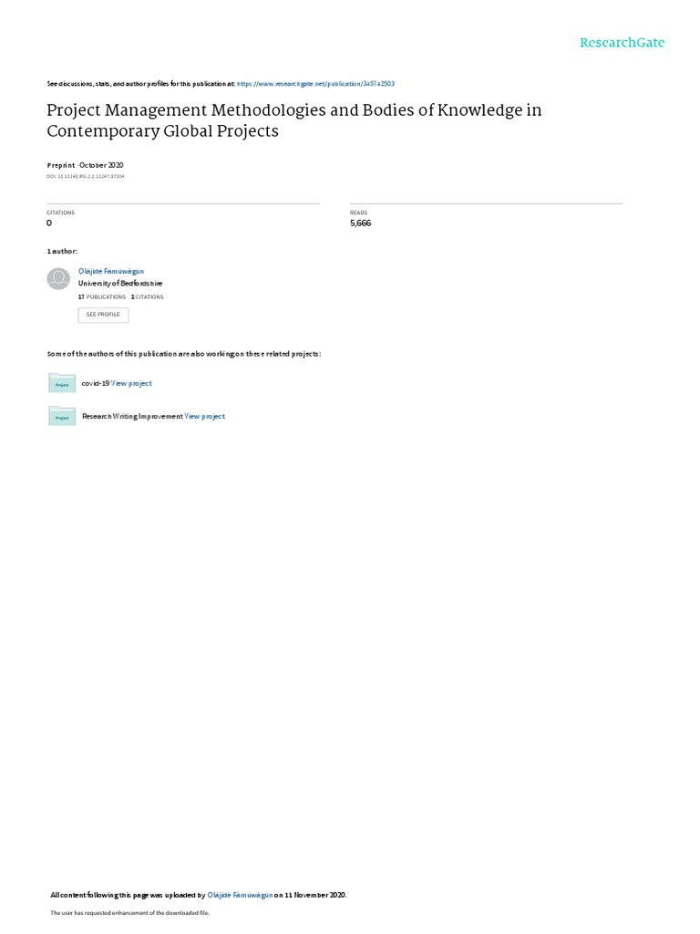 Project Management Methodologies and Bodies of Knowledge in Contemporary Global Projects | PDF ...