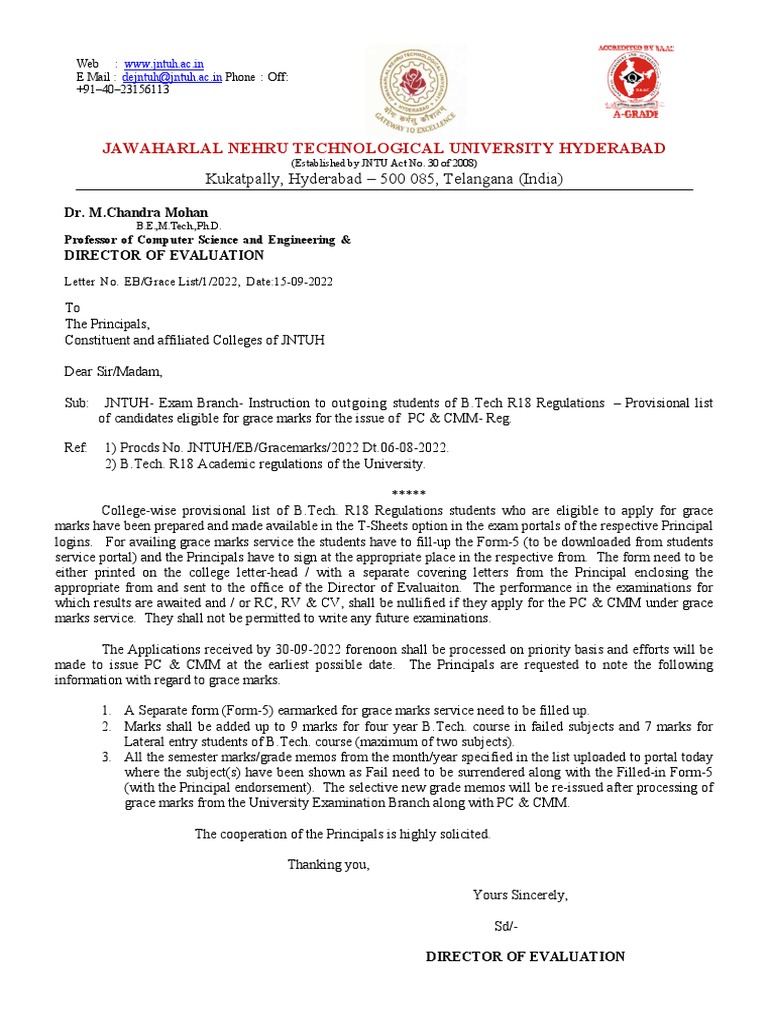JNTUH B.Tech - R18 Regulations Grace Marks Eligible List | PDF