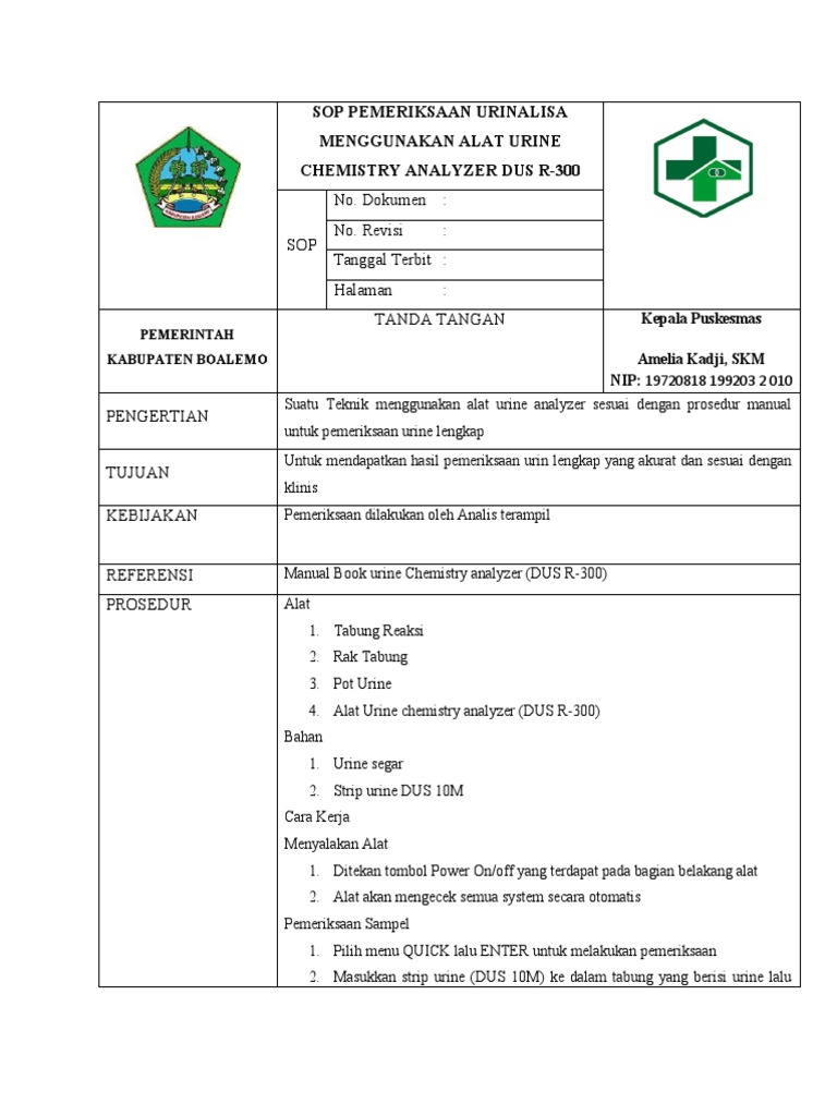 Sop Urine Chemistry Analyzer Dus R | PDF