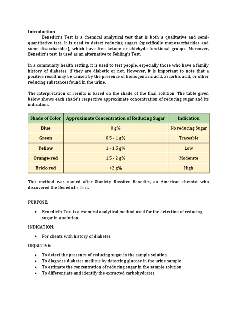 Benedict's Test for Reducing Sugars | PDF | Carbohydrates | Chemical ...