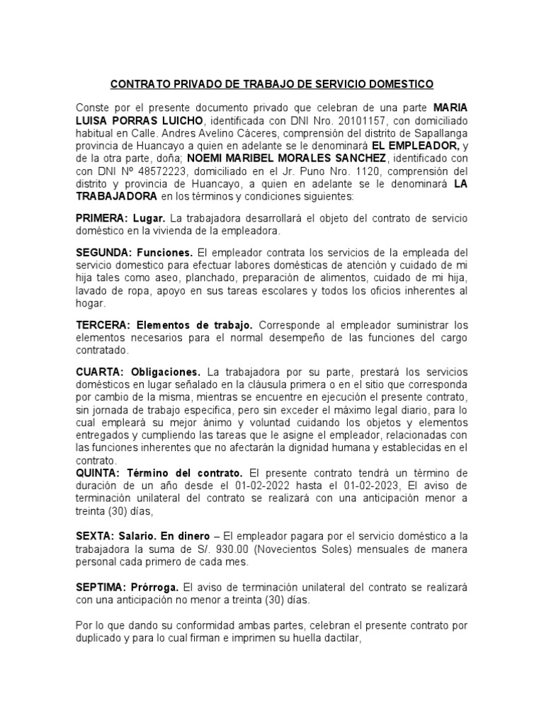 Modelo de Contrato de Empleada Del Hogar | PDF | Finanzas y dinero