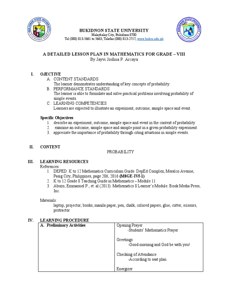 Jayvi Joshua Paares Arcaya Lesson Plan On G8 Probability | PDF | Probability | Experiment