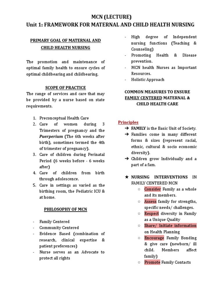 MCN 1 Notes | PDF | Nursing | Health Sciences